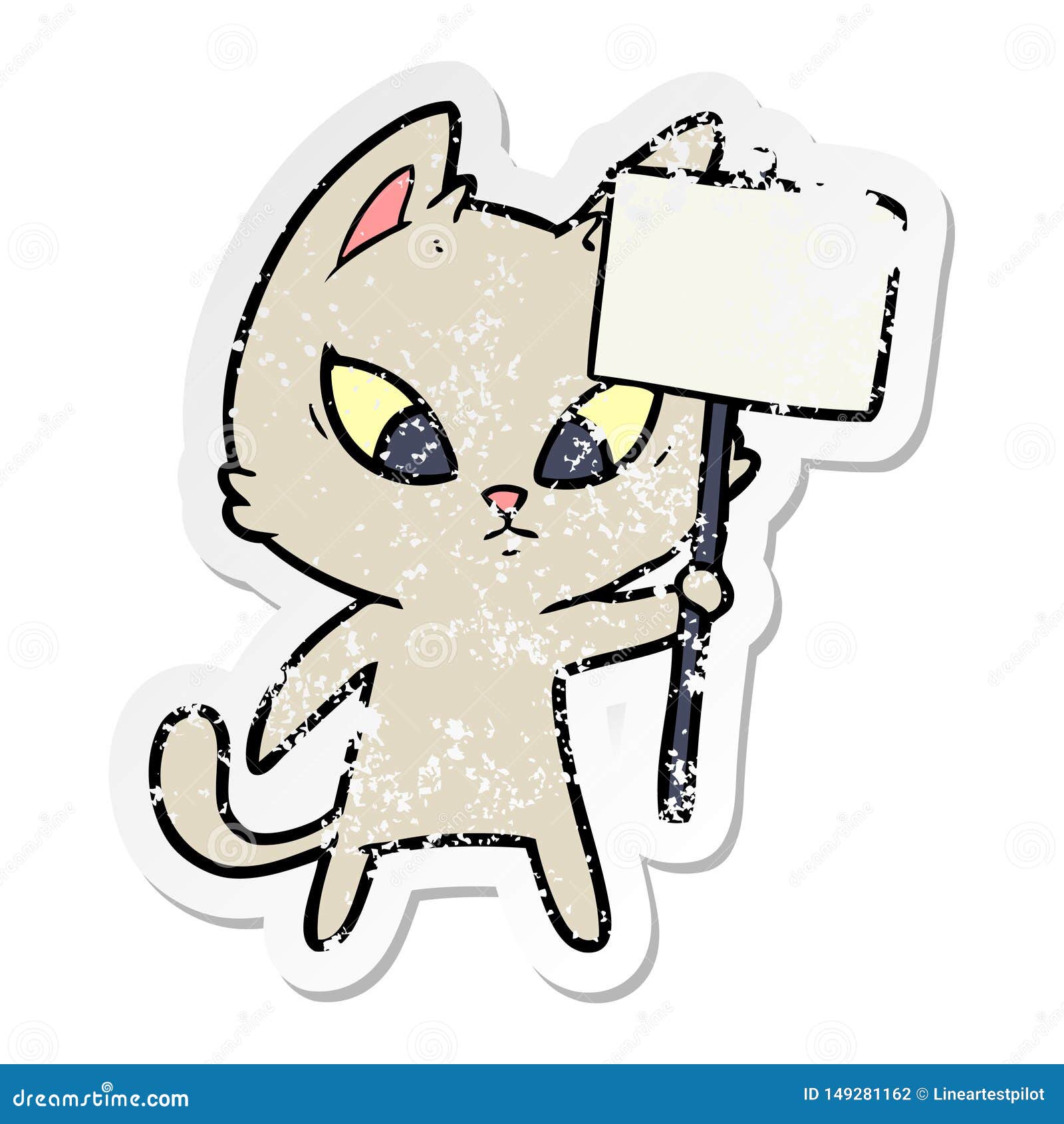 Distressed Sticker of a Confused Cartoon Cat with Protest Sign Stock ...