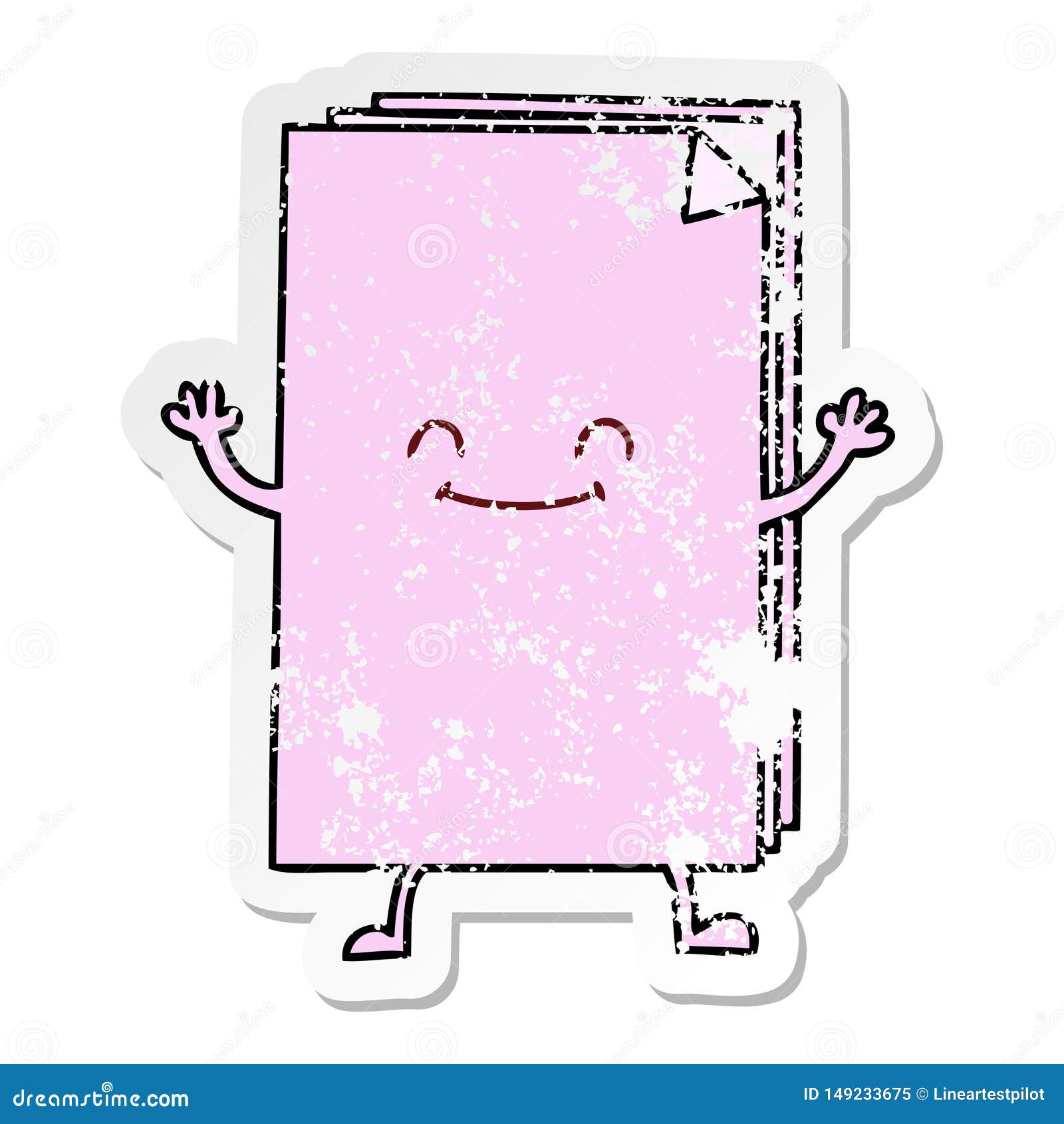 Distressed Sticker of a Quirky Hand Drawn Cartoon Happy Stack of Papers ...