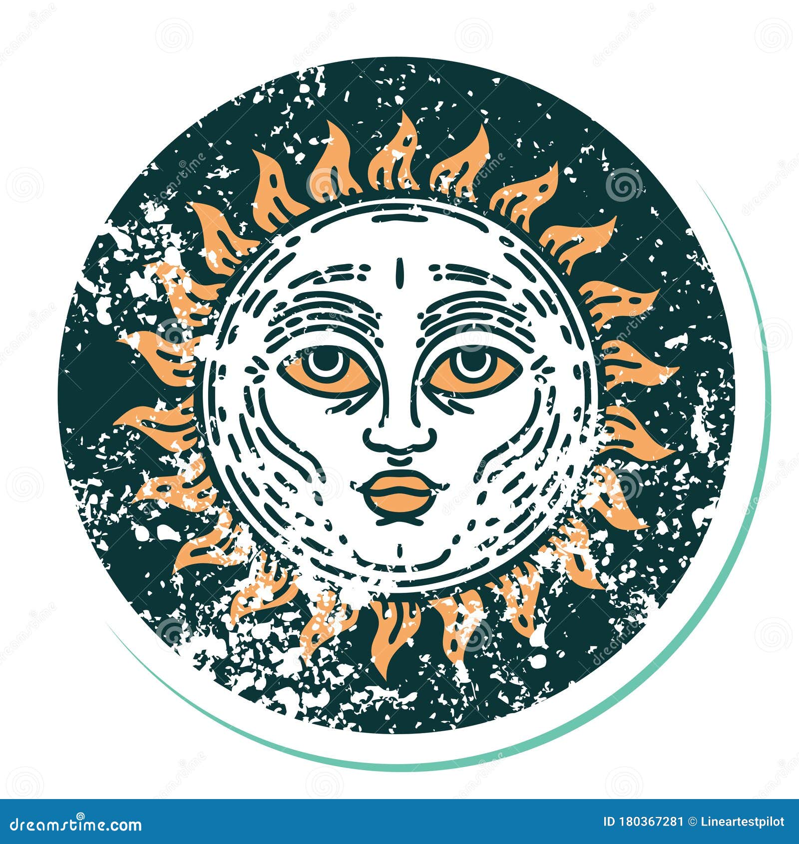Distressed Sticker Tattoo Style Icon of a Sun with Face Stock Vector ...