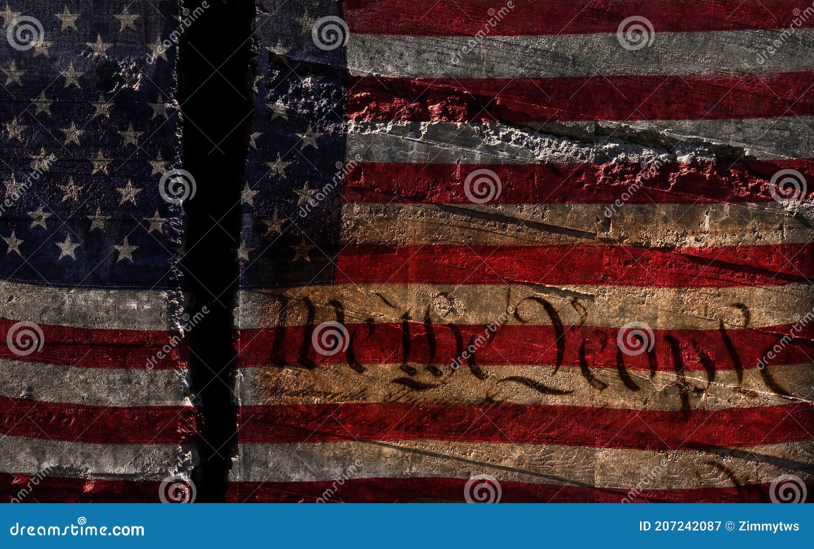 Distressed US Flag Split in Two with we the People Constitution Text ...