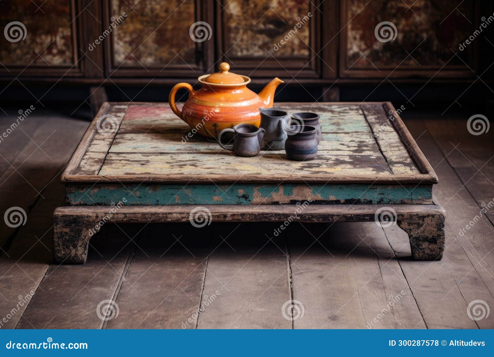 Distressed Wooden Coffee Table with a Tea Set on it Stock Photo - Image ...