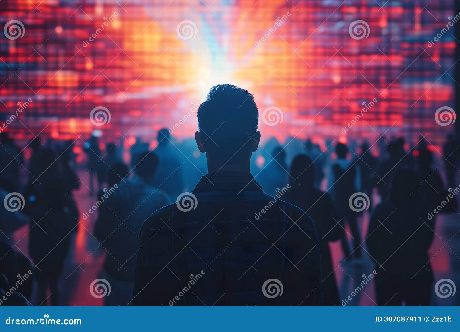 Distributed Crowd of People Standing in Front of Giant Glowing Screen ...