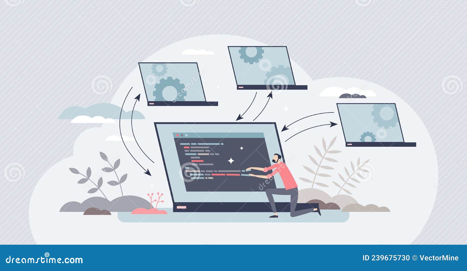 Distributed Systems With File Storage In Different Network Outline Diagram Cartoon Vector ...