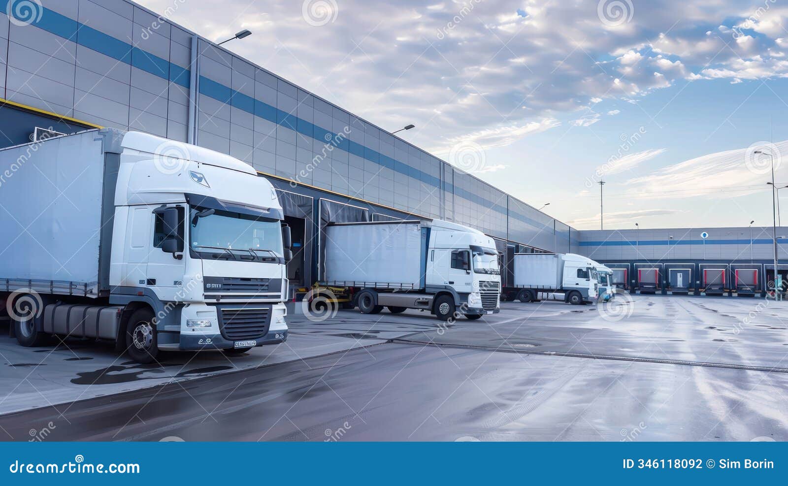 Distribution Center Exterior with Trucks Loading Stock Illustration ...