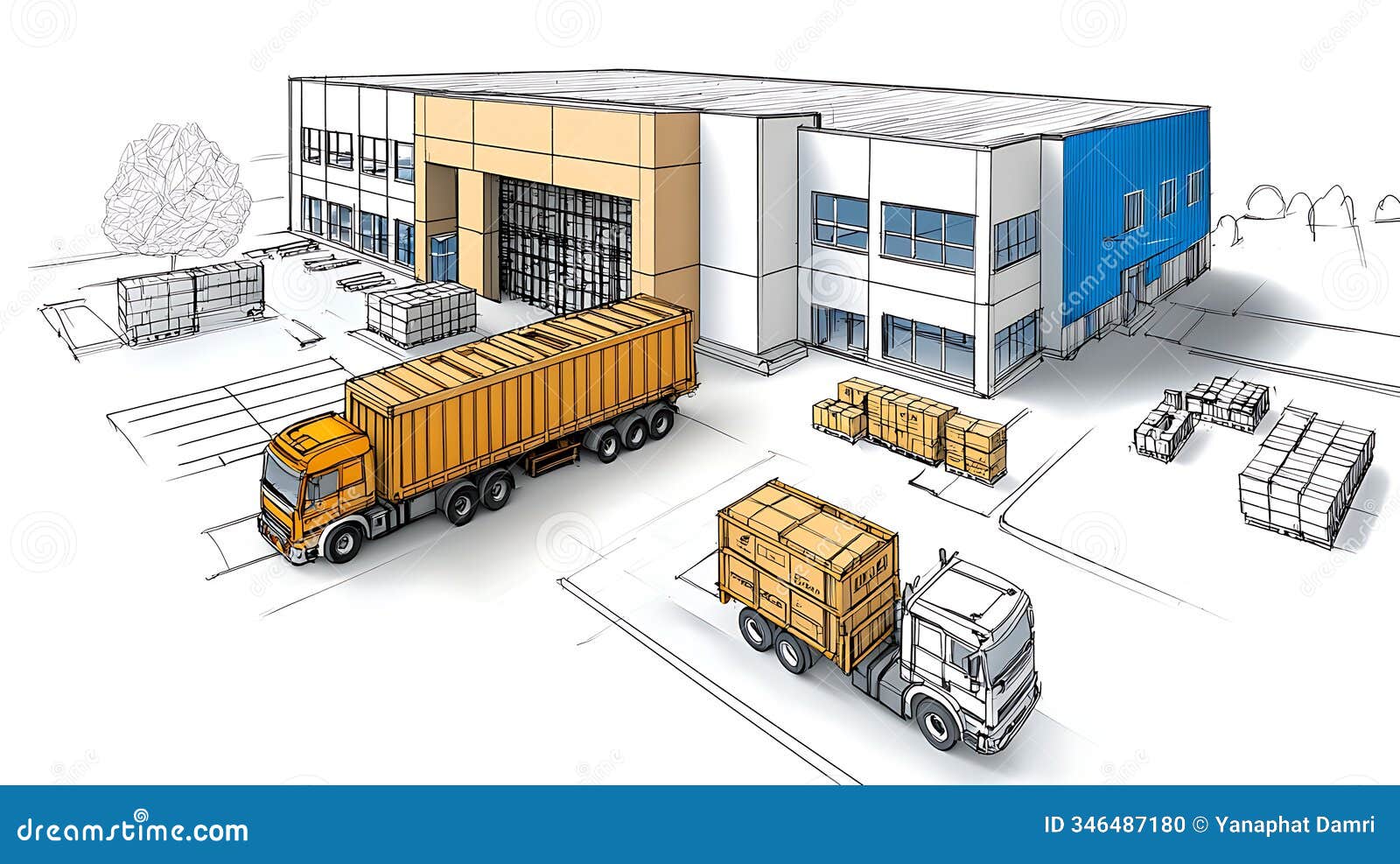 Distribution Center Layout Featuring Trucks, Pallets, and Modern ...