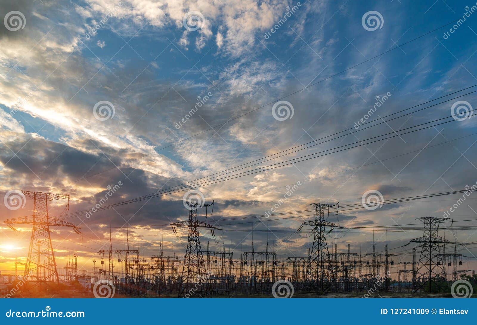 Distribution Electric Substation with Power Lines, at Sunset Stock ...