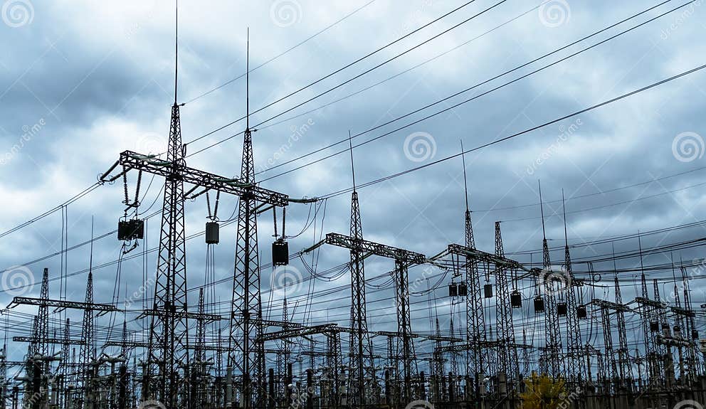 Distribution Electric Substation with Power Lines and Transformers ...