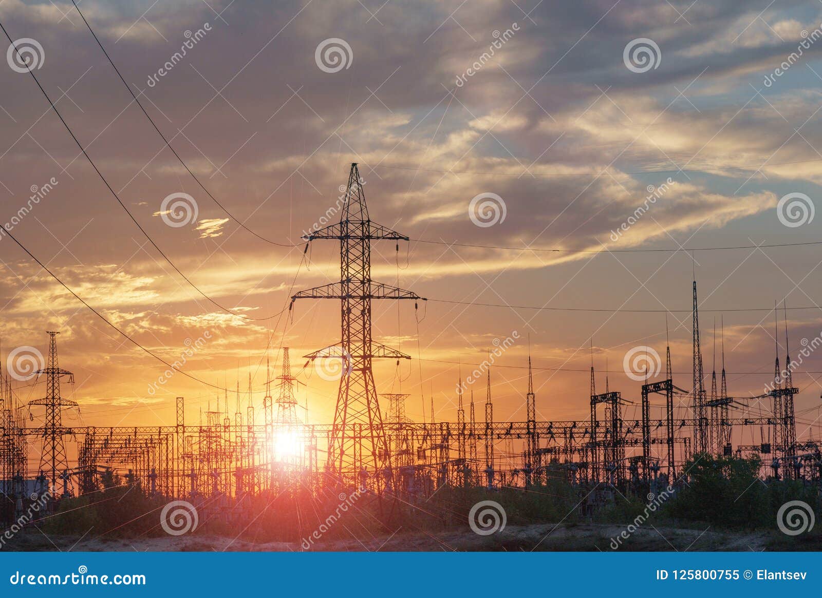 Distribution Electric Substation with Power Lines and Transformers ...