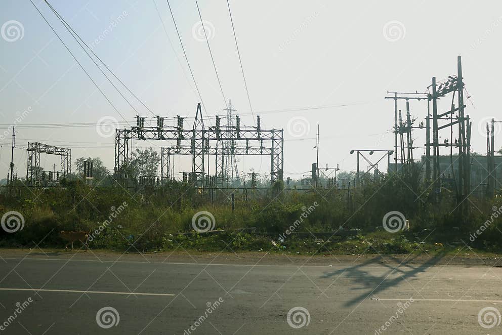Electric Substation with Power Lines and Transformers Stock Photo ...
