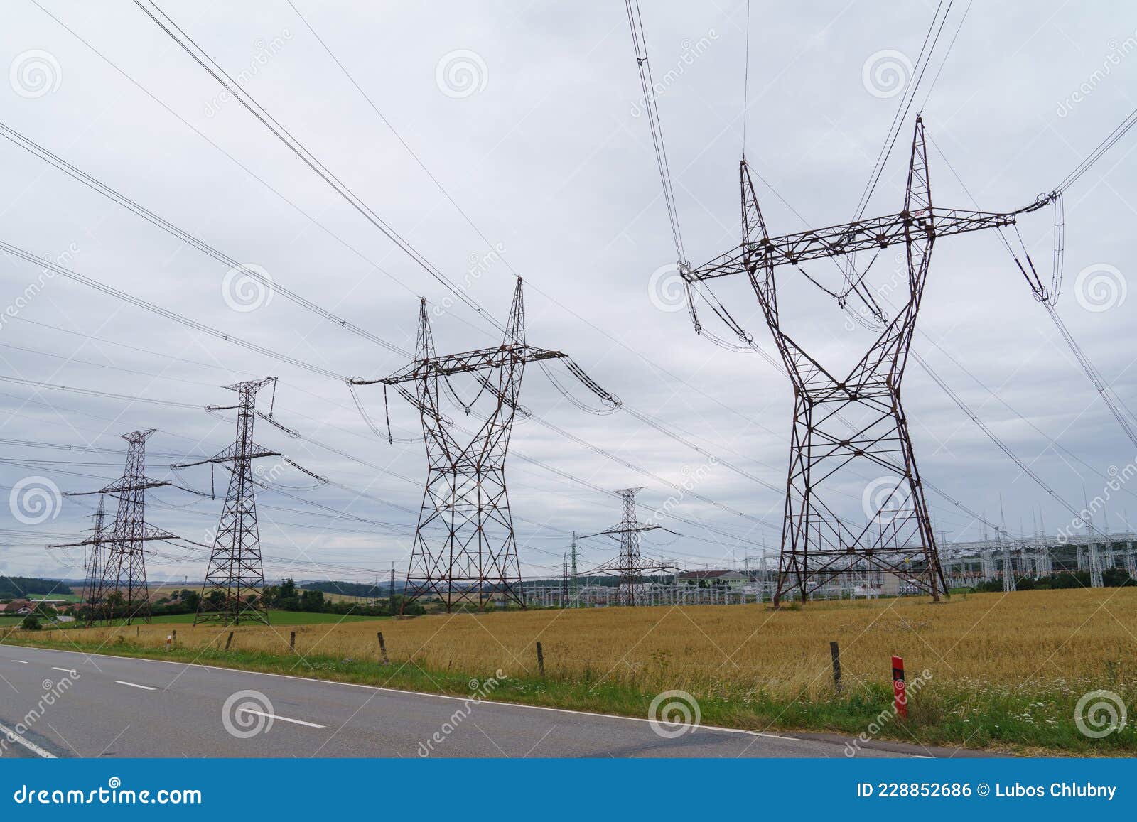 Distribution Electric Substation with Power Lines and Transformers ...