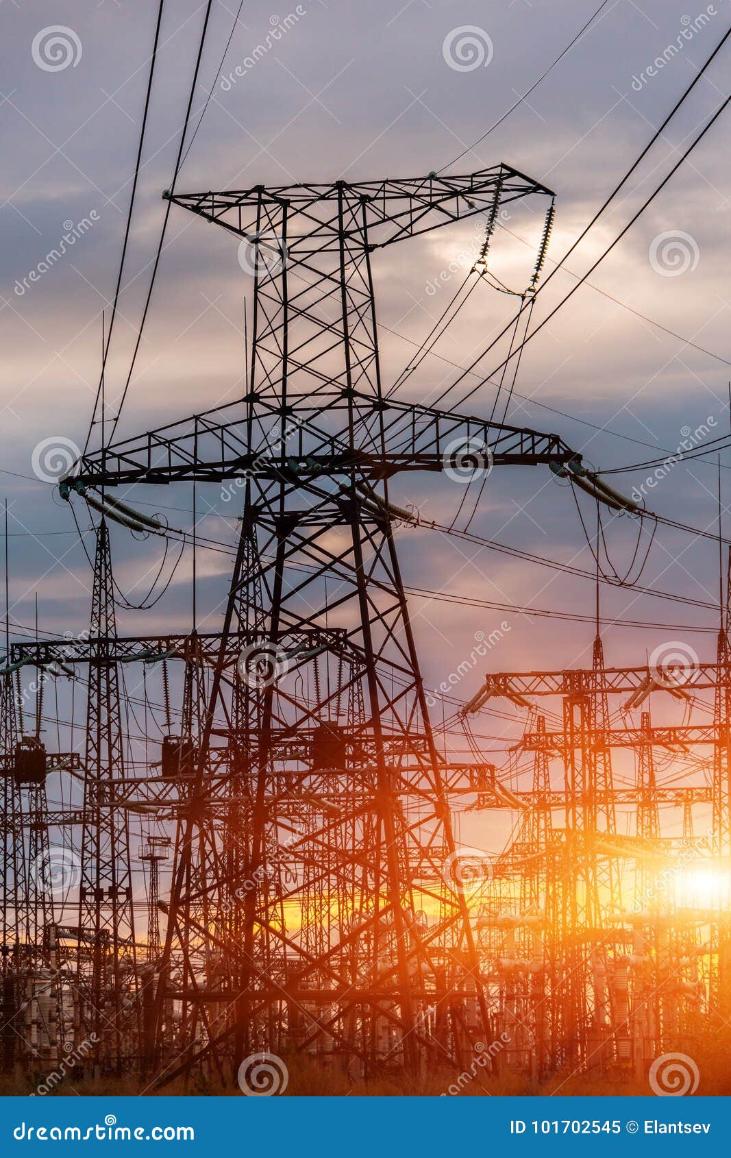 Distribution Electric Substation with Power Lines and Transformers, at ...