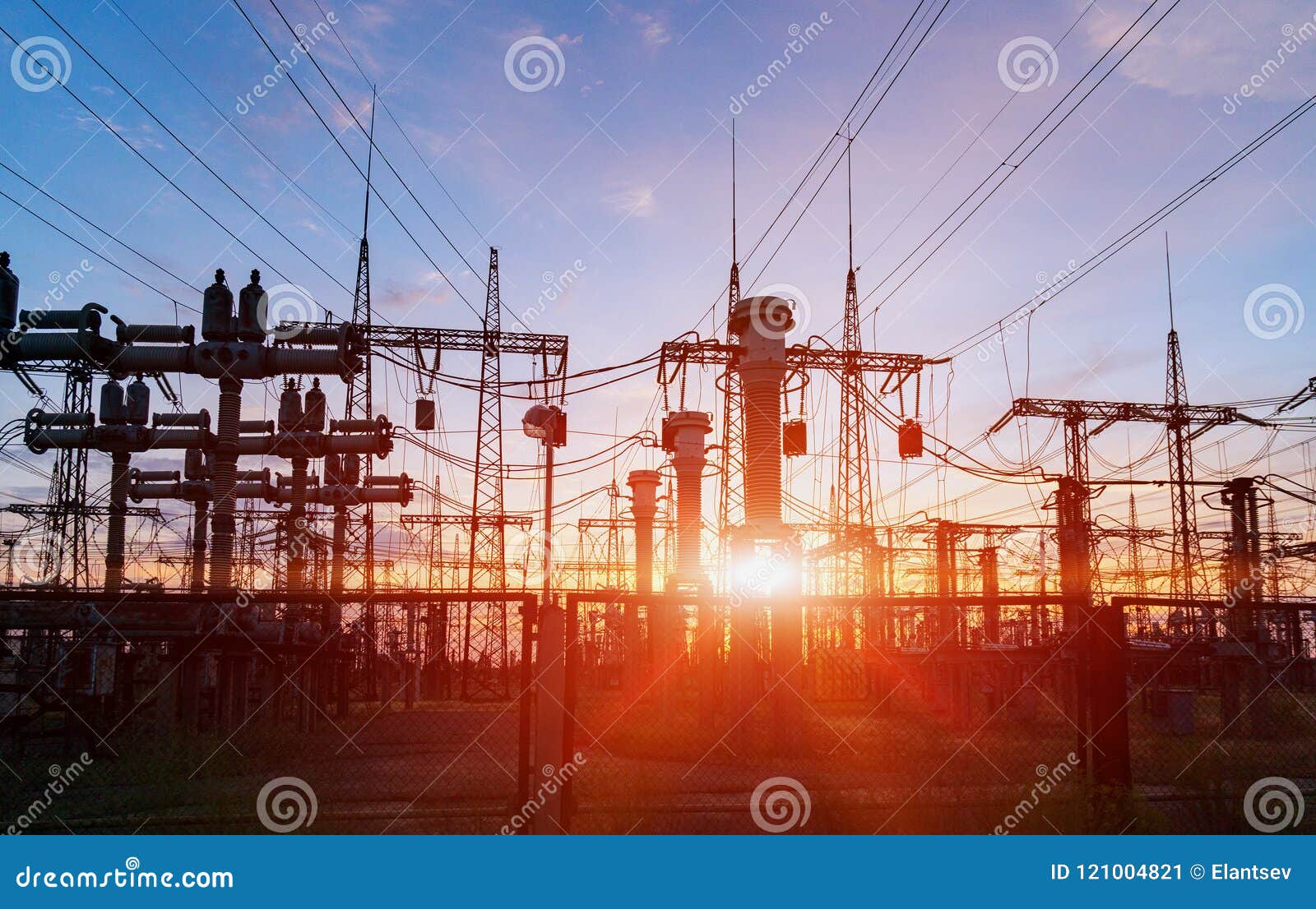 Distribution Electric Substation with Power Lines and Transformers, at ...