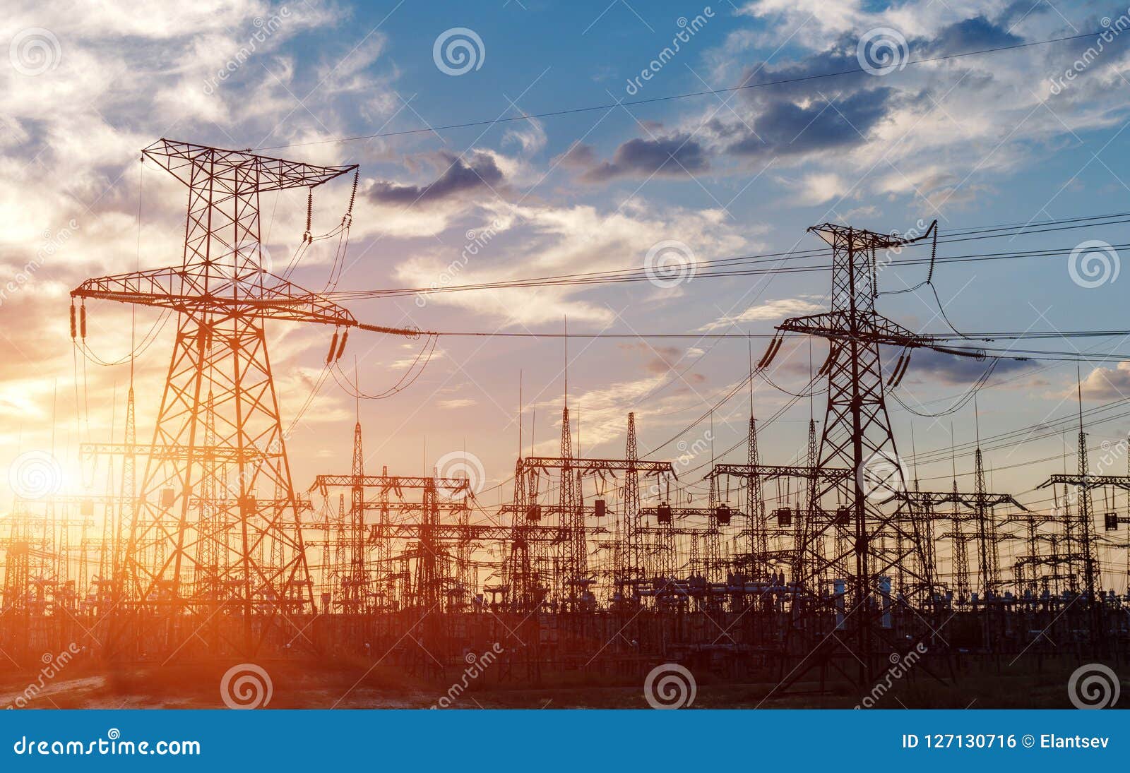 Distribution Electric Substation with Power Lines and Transformers ...