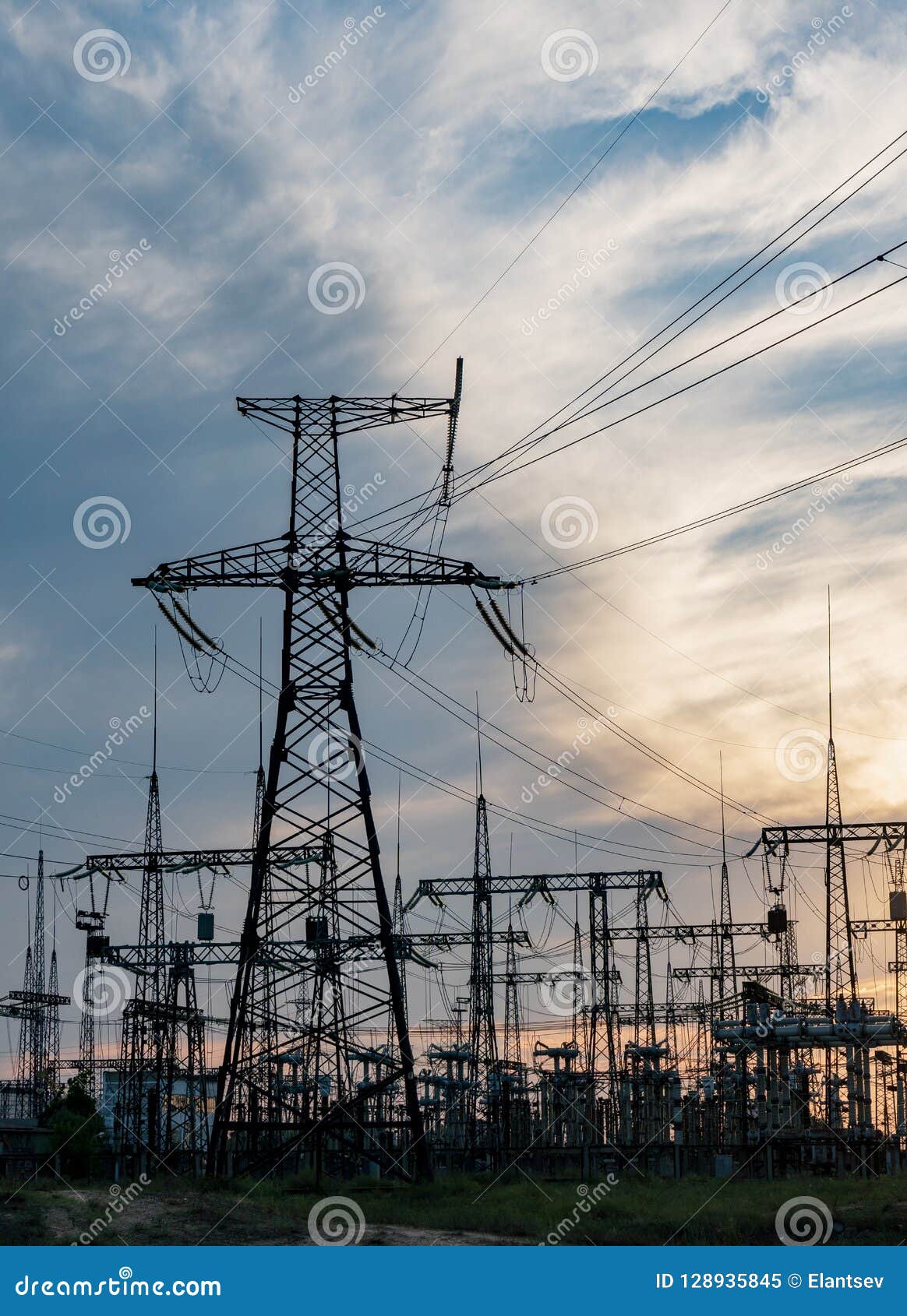 Distribution Electric Substation with Power Lines and Transformers ...