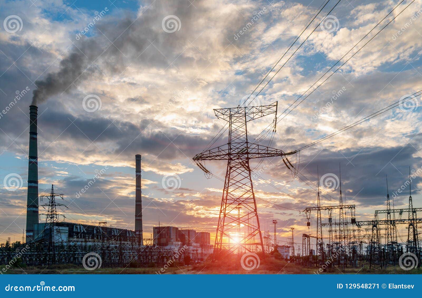 Distribution Electric Substation with Power Lines and Transformers ...