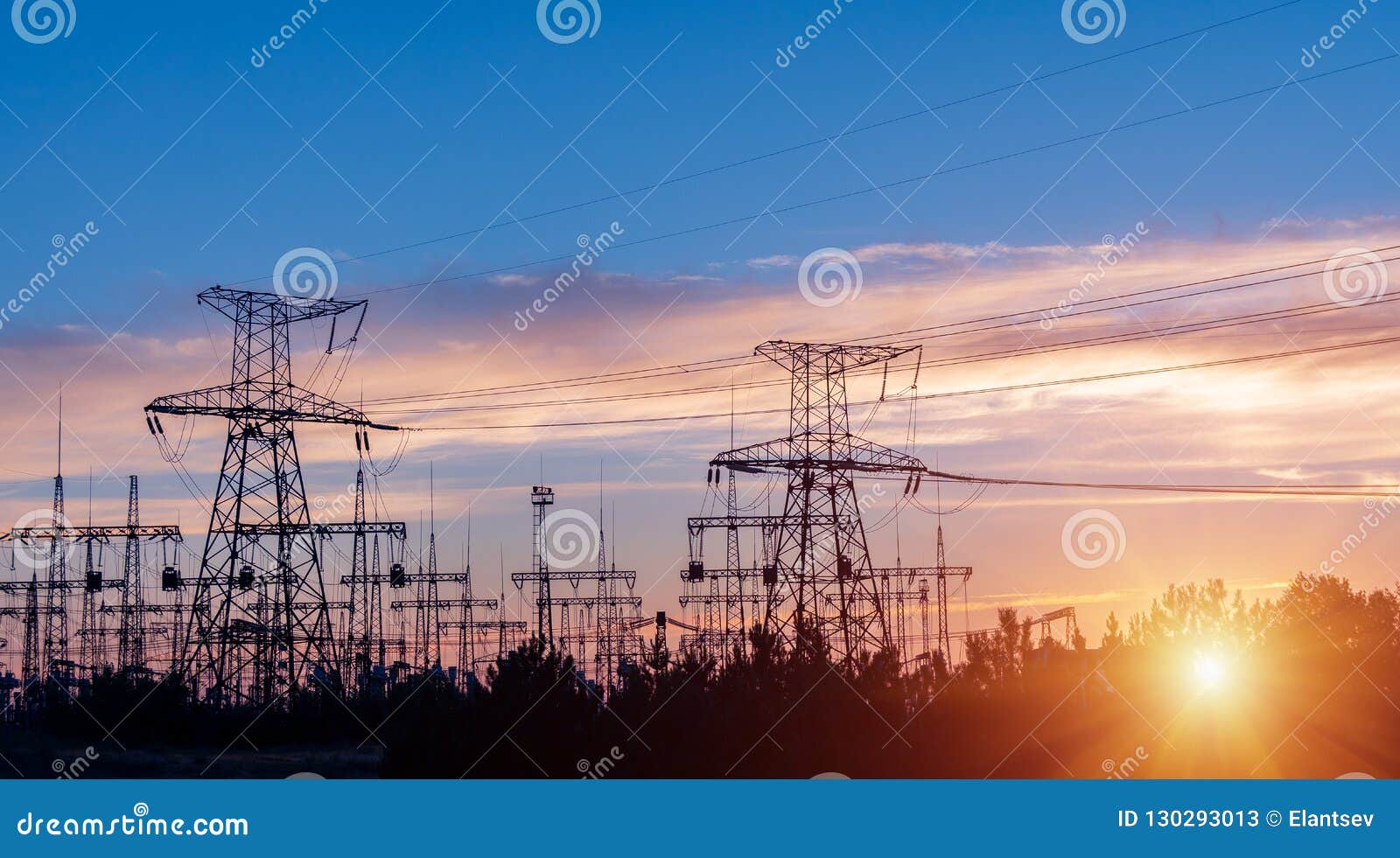 Distribution Electric Substation with Power Lines and Transformers ...