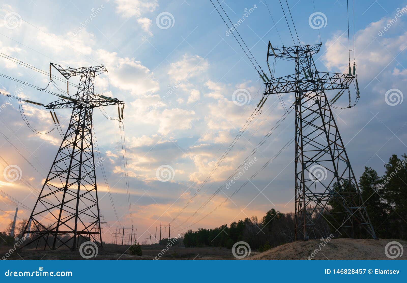 Distribution Electric Substation with Power Lines and Transformers, at ...