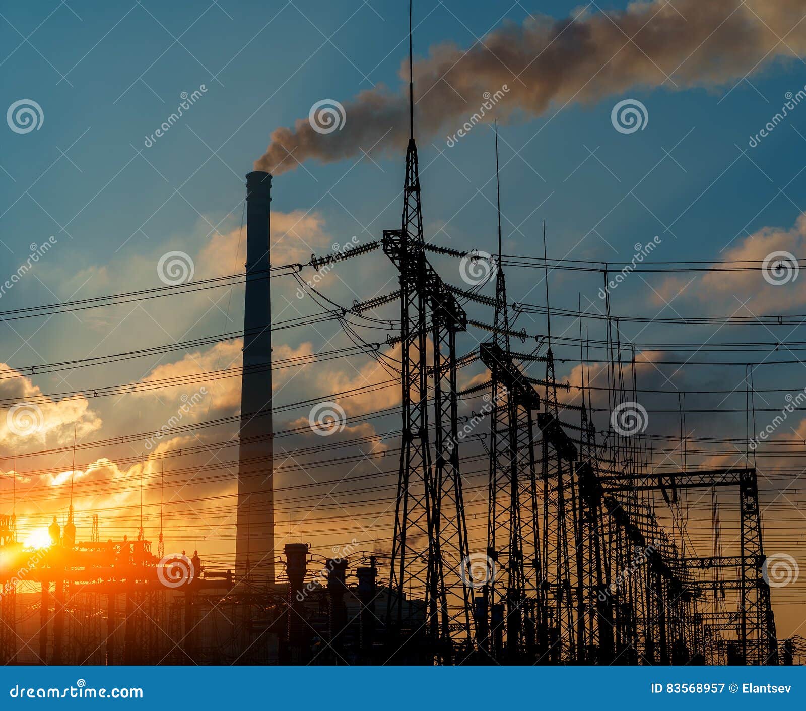 Distribution Electric Substation with Power Lines and Transformers, at ...