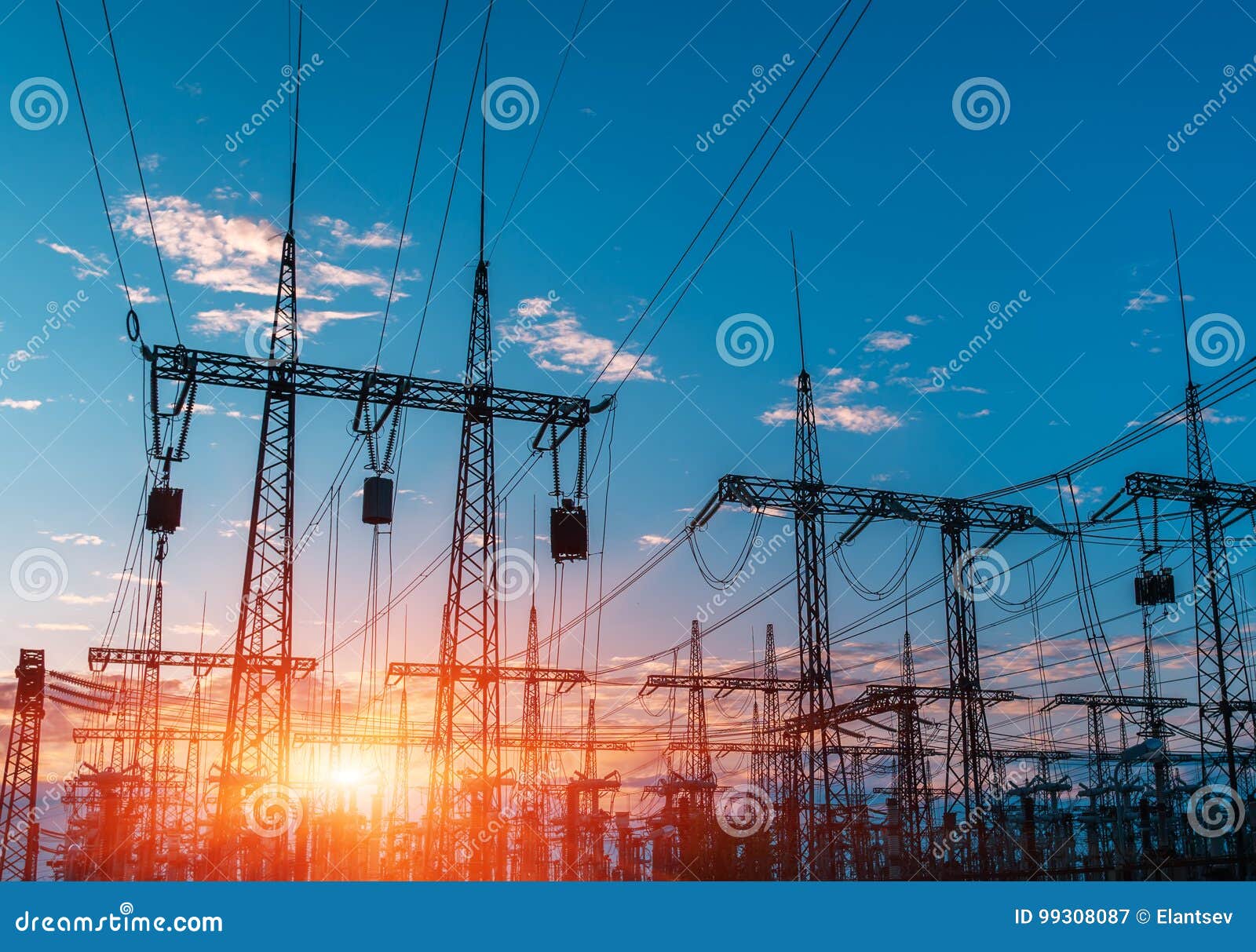 Distribution Electric Substation With Power Lines And Transformers, At ...