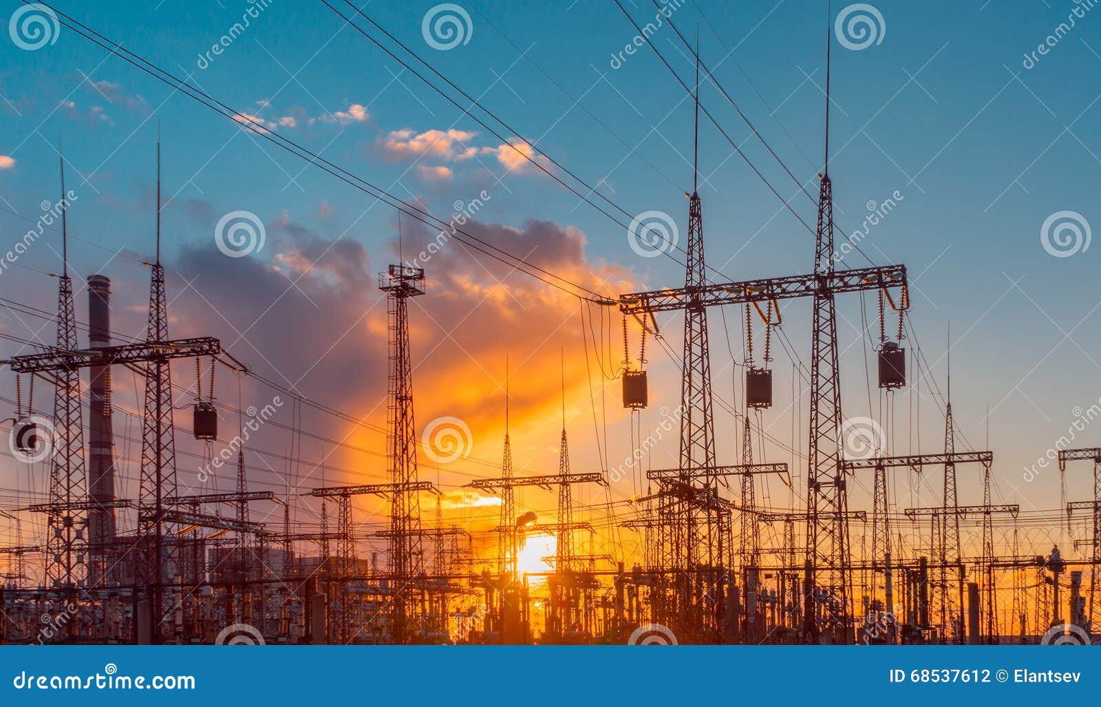 Distribution Electric Substation with Power Lines and Transformers, at ...