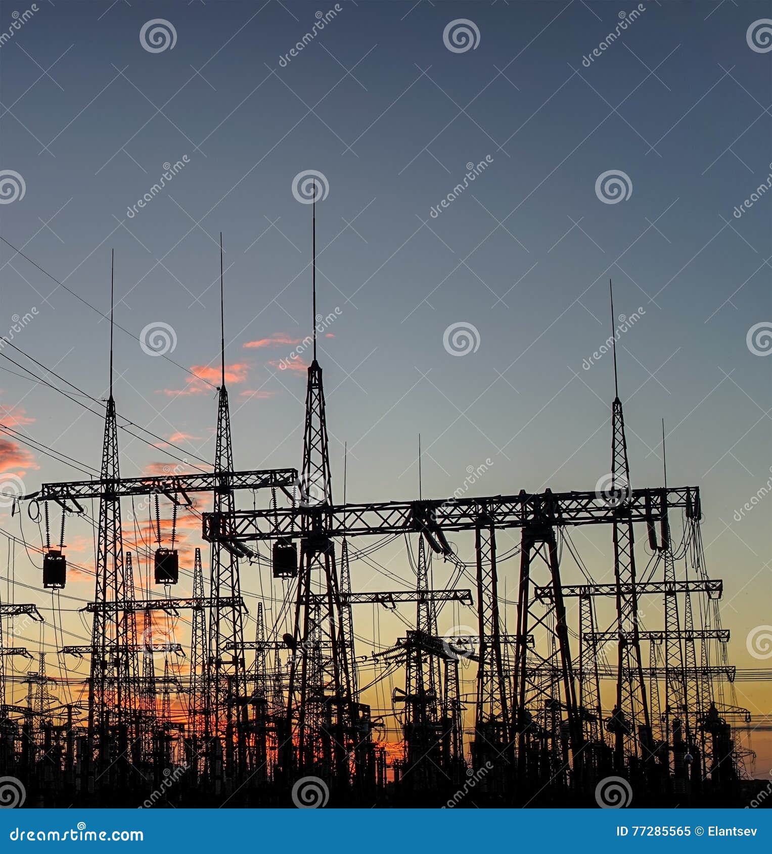 Distribution Electric Substation Pylon with Lines, at Sunset. Stock ...