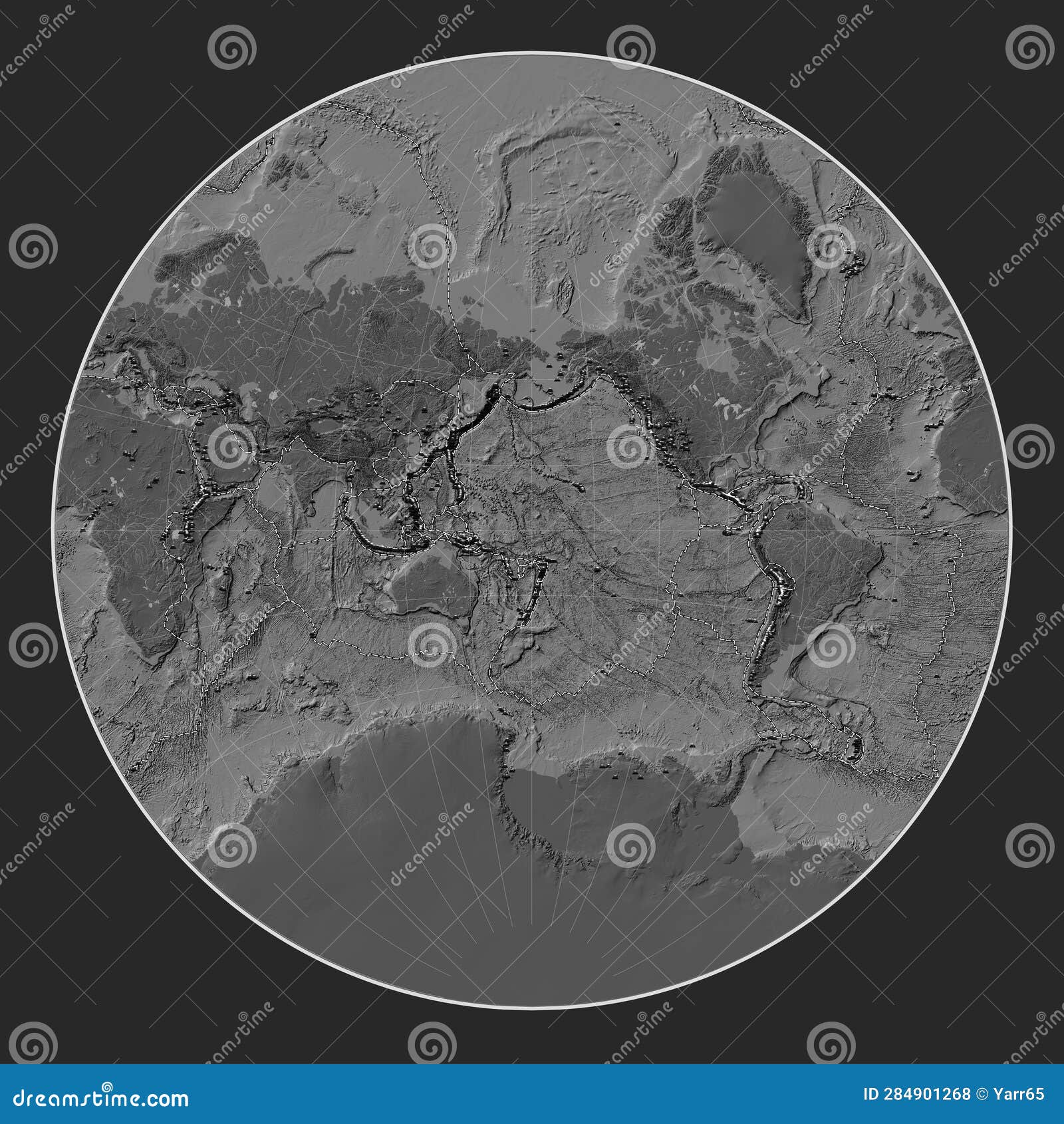 Volcanoes and Boundaries on the World Bilevel Map - 180 PM. Lagr Stock ...