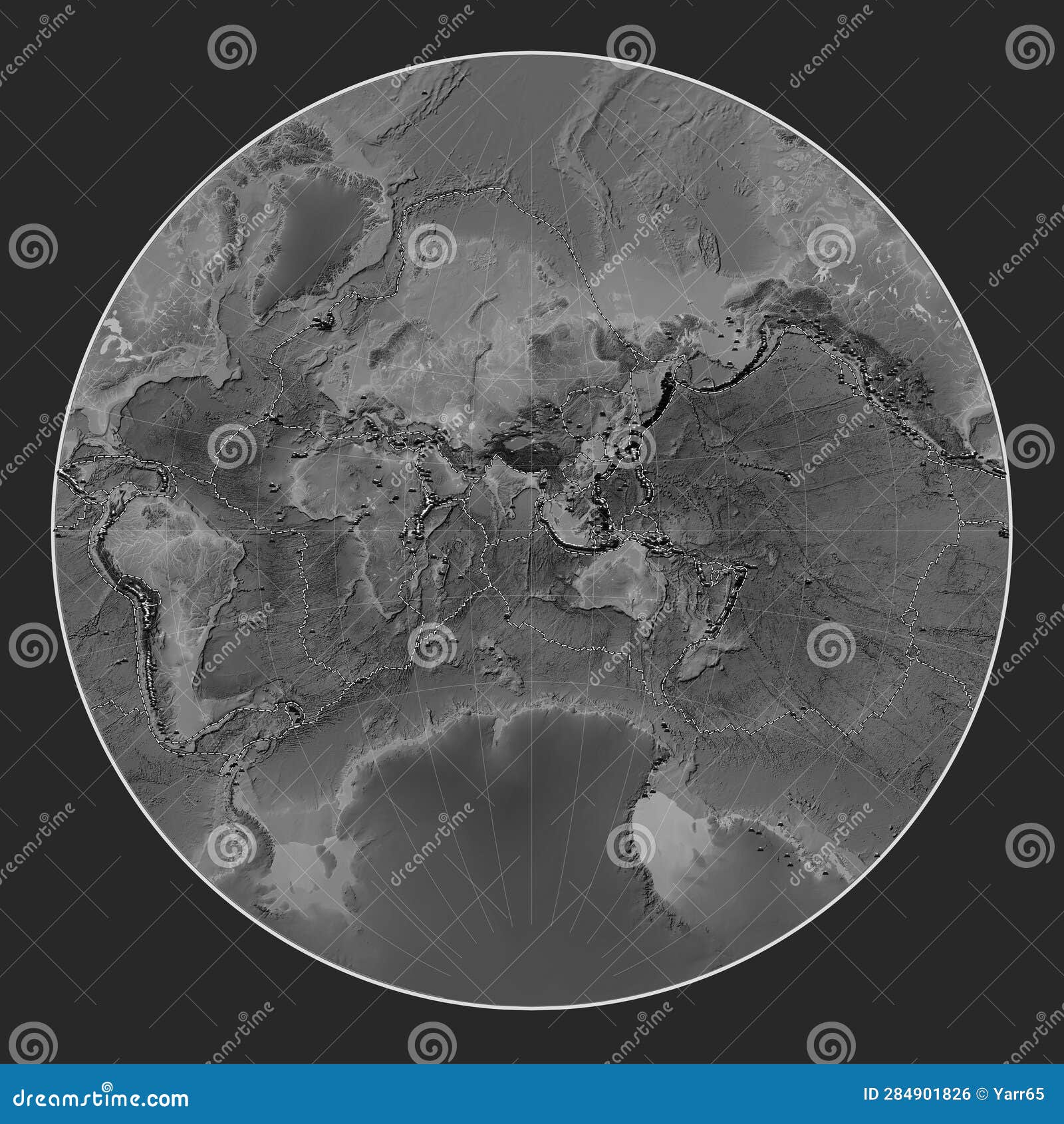 Volcanoes and Boundaries on the World Grayscale Map - 90 PM. Lag Stock ...