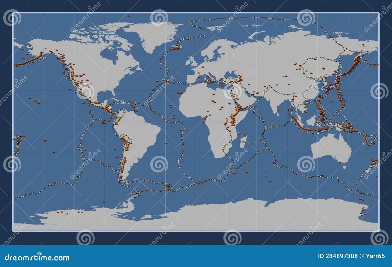 Volcanoes on the World Contour Map - 0 PM. Compact Miller Stock ...