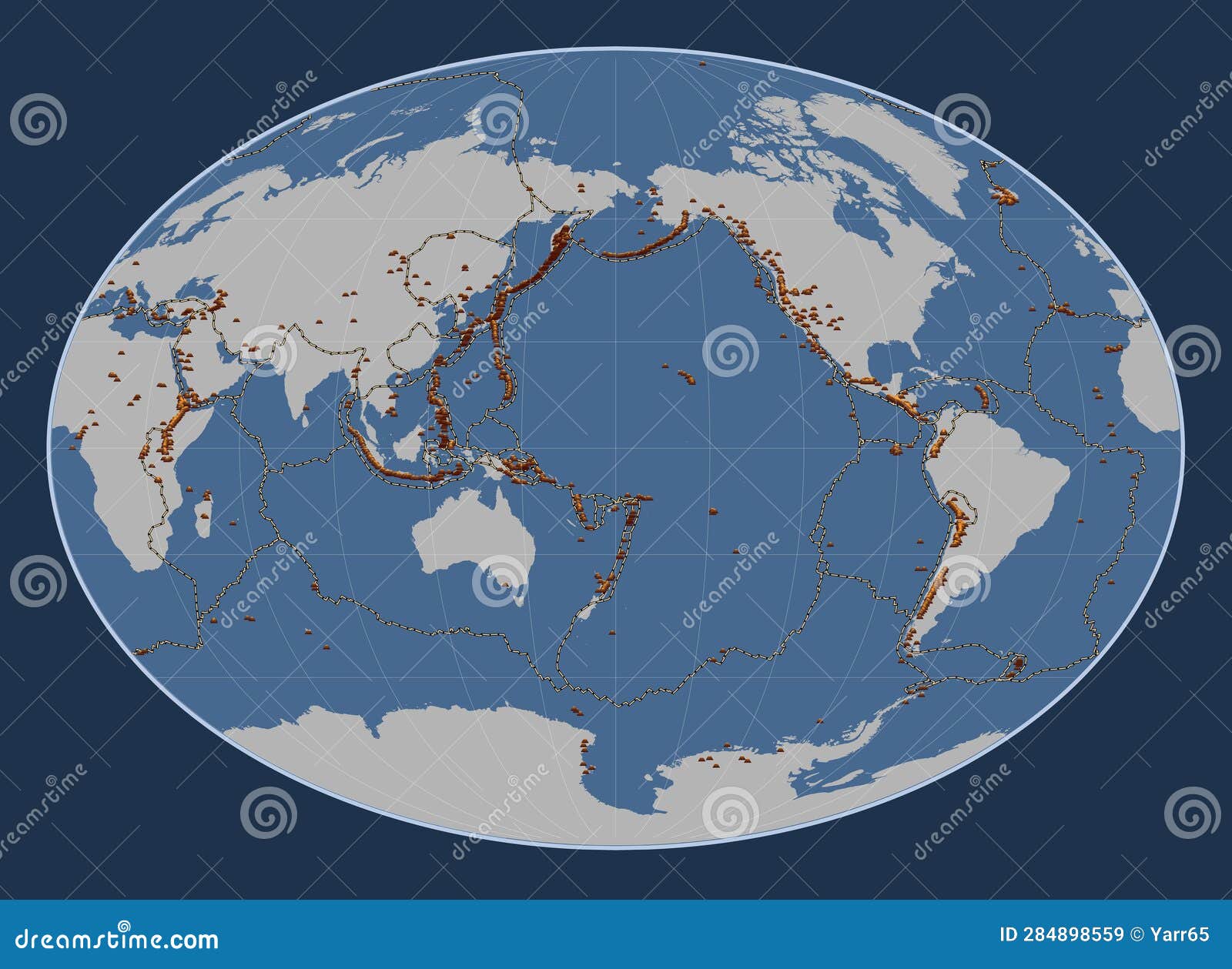 Volcanoes and Boundaries on the World Contour Map - 180 PM. Fahe Stock ...