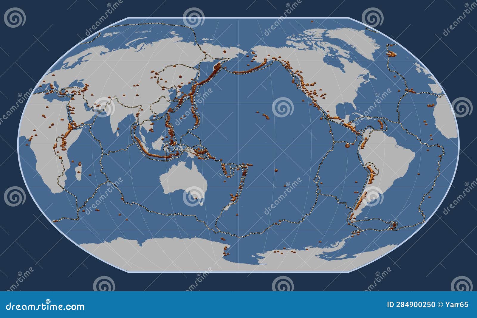 Volcanoes and Boundaries on the World Contour Map - 180 PM. Kavr Stock ...