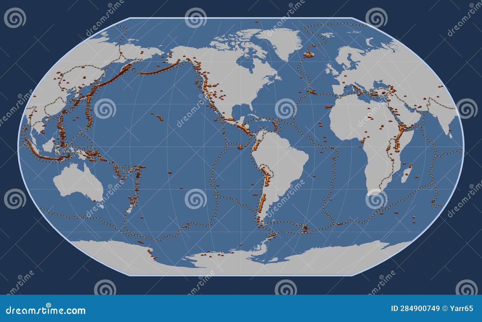 Volcanoes and Boundaries on the World Contour Map - -90 PM. Kavr Stock ...