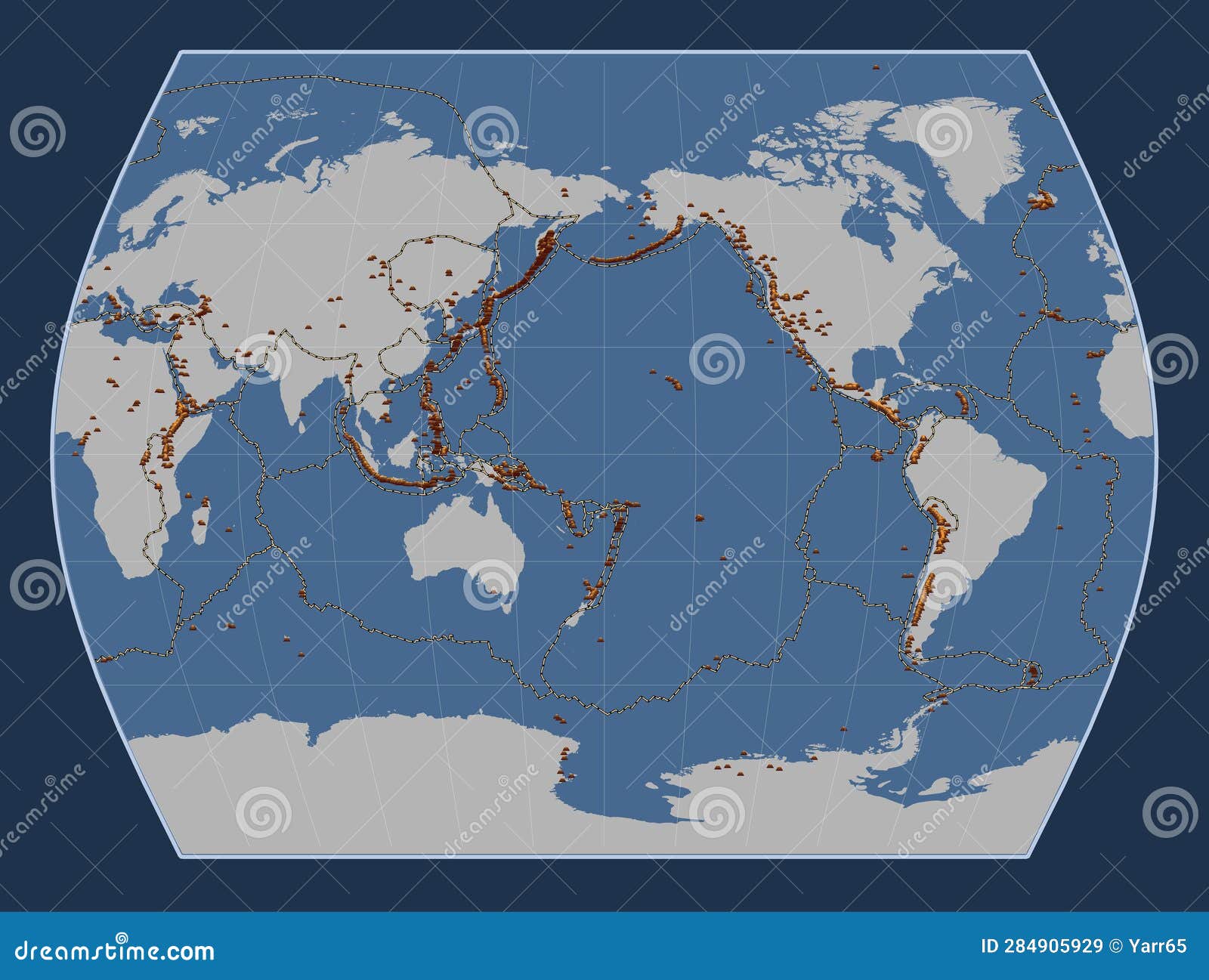 Volcanoes and Boundaries on the World Contour Map - 180 PM. Time Stock ...
