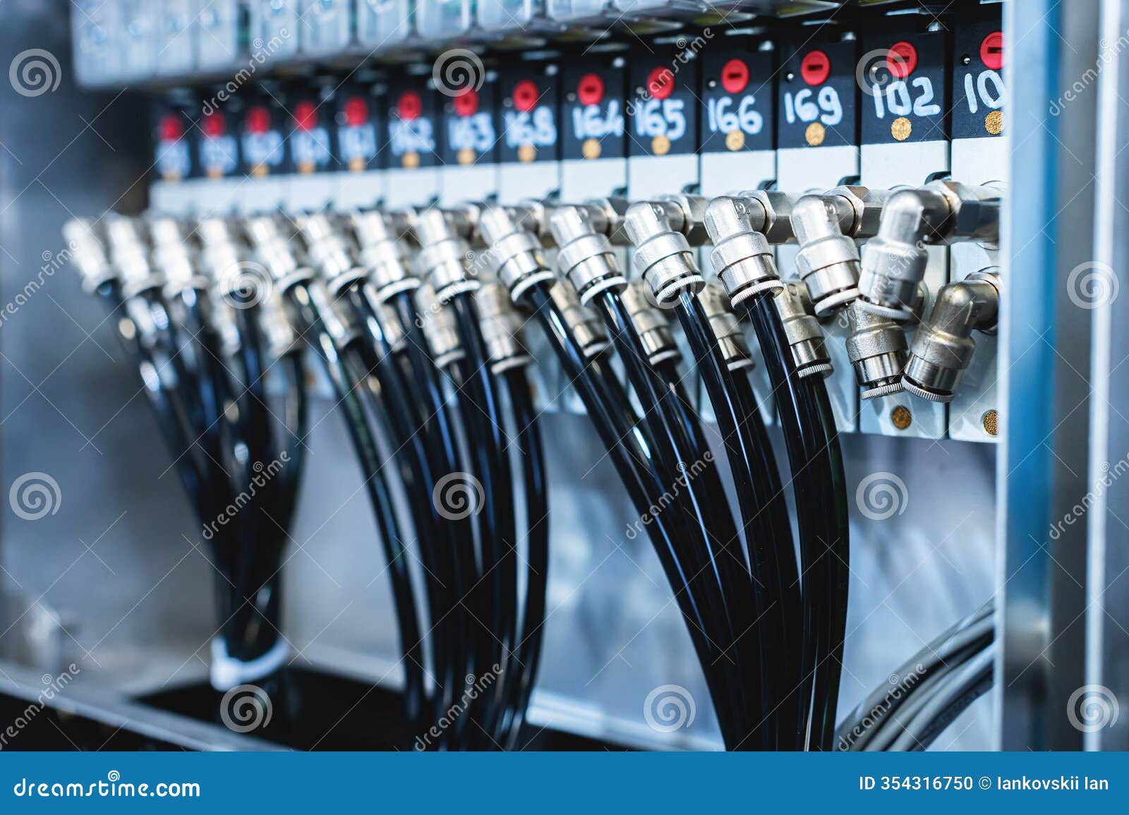 Distribution Panel of a Pneumatic Installation with Pneumatic Pipes and ...
