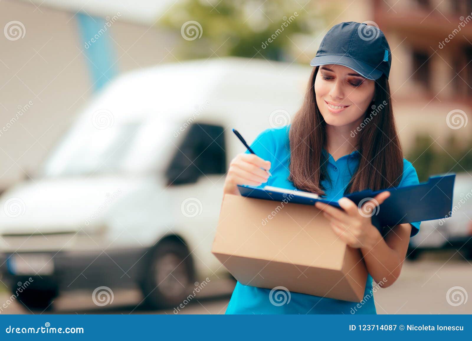 Delivery Worker with Cardboard Box Package and Paper Documents Stock ...