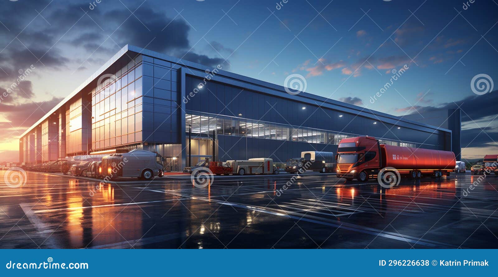 Distribution Warehouse with Trucks of Different Capacity Stock Photo ...
