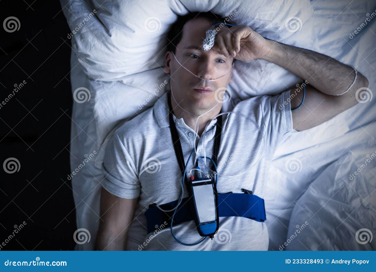Disturbed Sleep in Bedroom. Awake Man Stock Image - Image of sleepy ...