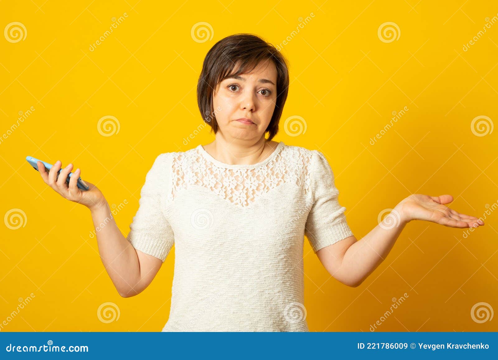 Disturbed Woman Has Problematic Concerned Face Expression, Holds ...