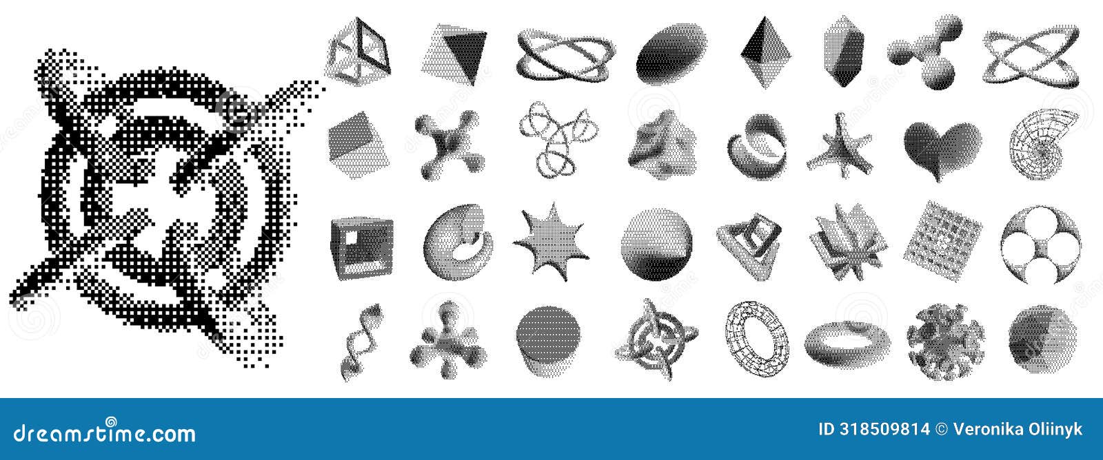 Dither Bitmap 3D Shapes. Retro Futuristic Digital Objects With Pixel ...