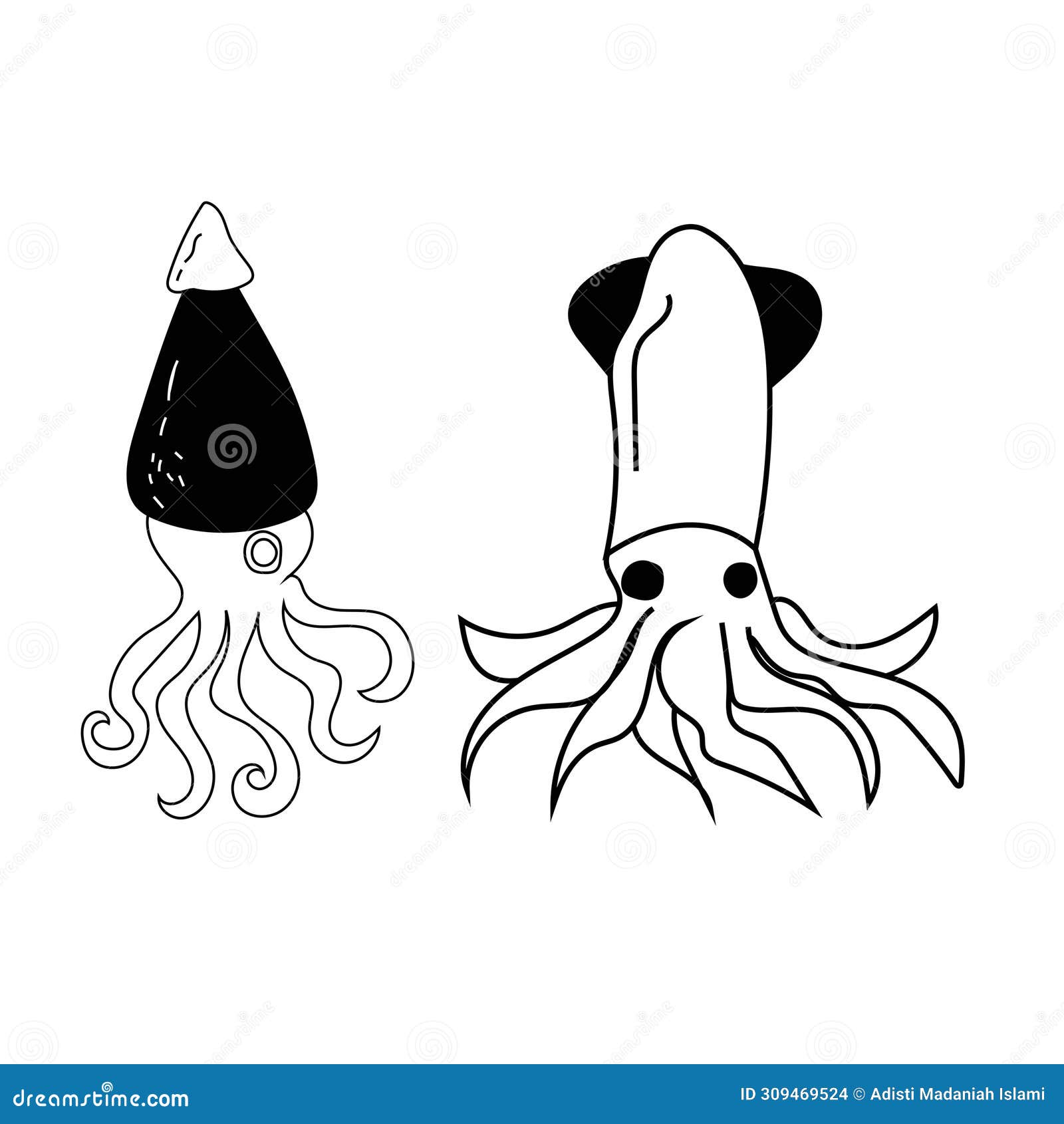 Cute Squid Vector Lineart - Monochrome Aquatic Creature Stock Vector ...