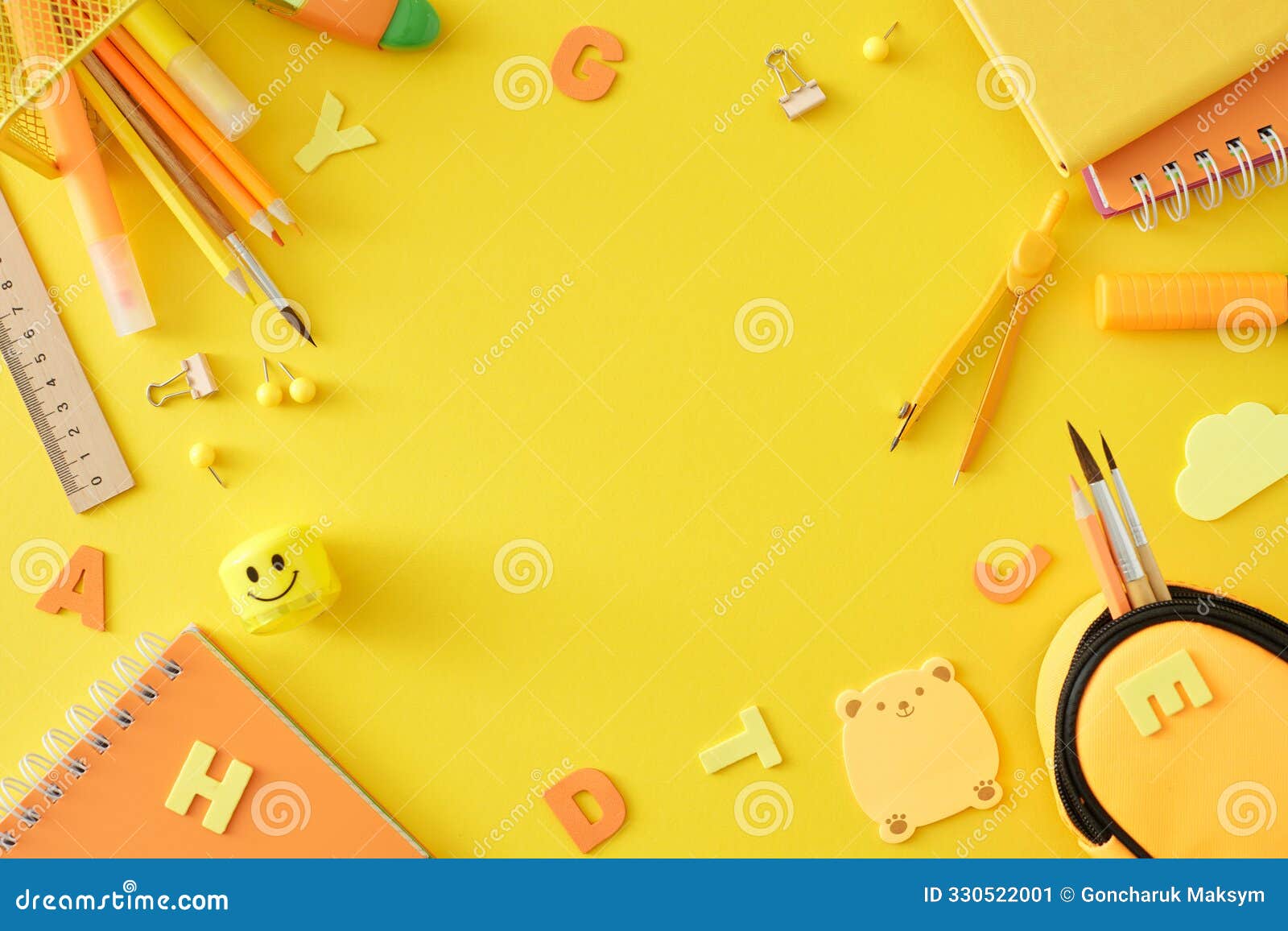 Top View Arrangement Of Educational Tools, Yellow Letters On Orange ...
