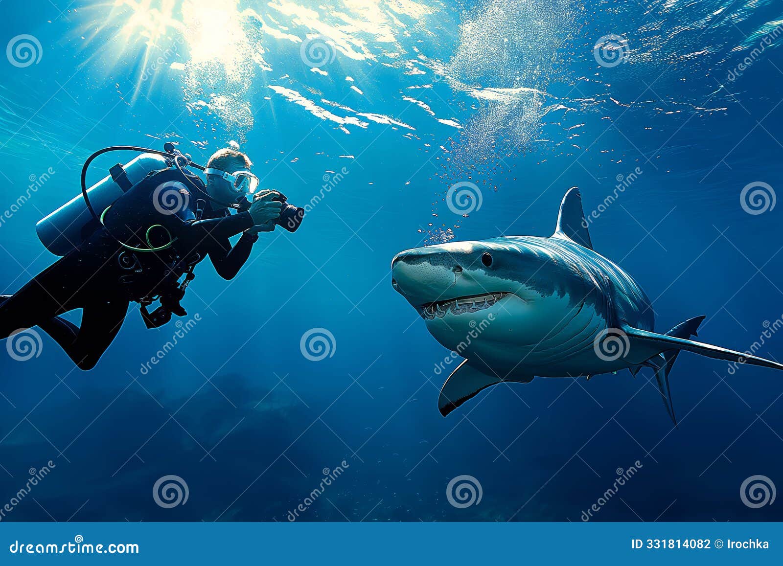 A Diver with a Camera is Underwater, Closely Approaching a Large Shark ...