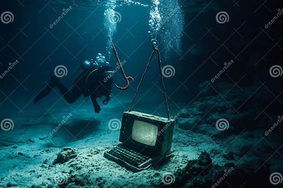A Diver Explores a Sunken Computer in Deep Water. the Contrast of ...