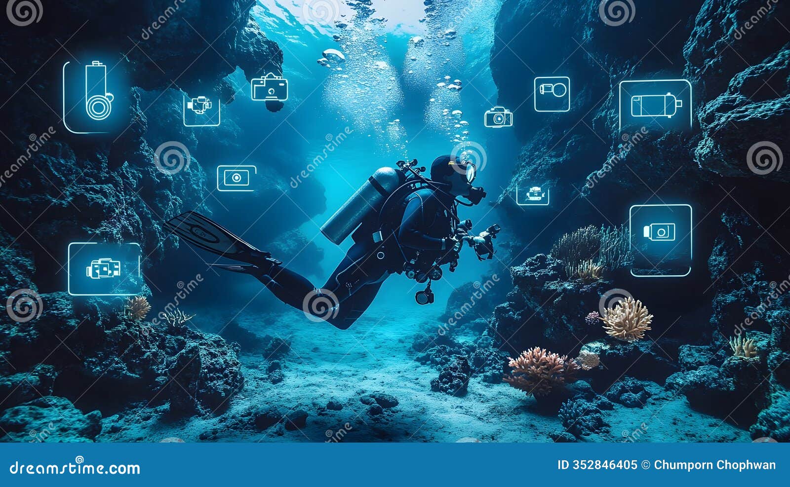 Diver Explores Underwater Cave System Surrounded by Floating Diving ...