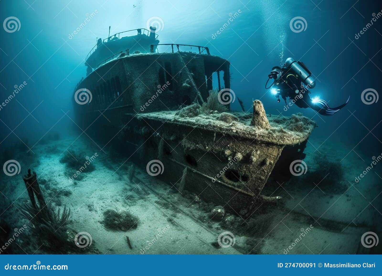 A Diver Exploring a Shipwreck on the Ocean Floor. the Ship Should Be ...