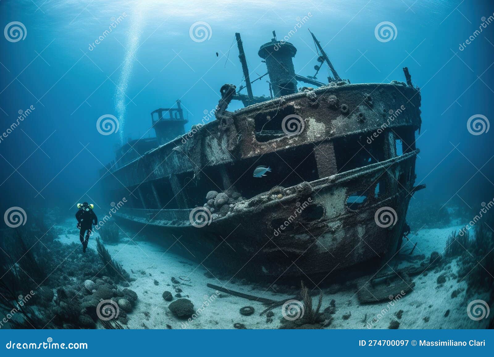 A Diver Exploring a Shipwreck on the Ocean Floor. the Ship Should Be ...