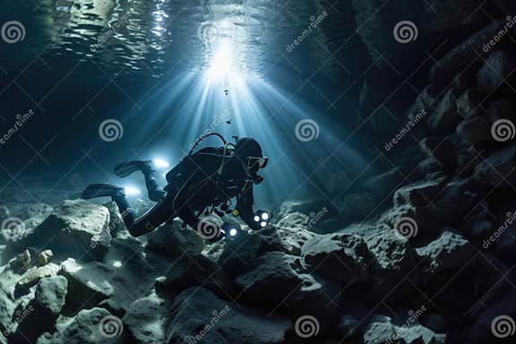 Diver, Exploring Underwater Cave System, with Flashlight Shining on the ...