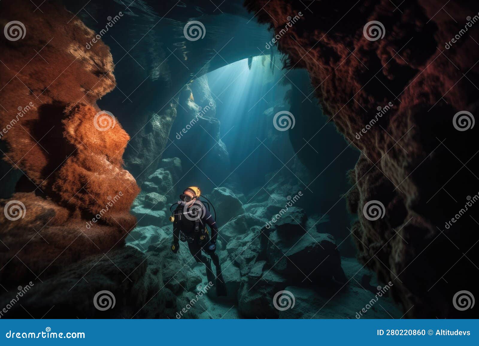 Diver Exploring Underwater Cave System, Marveling at Its Unique ...
