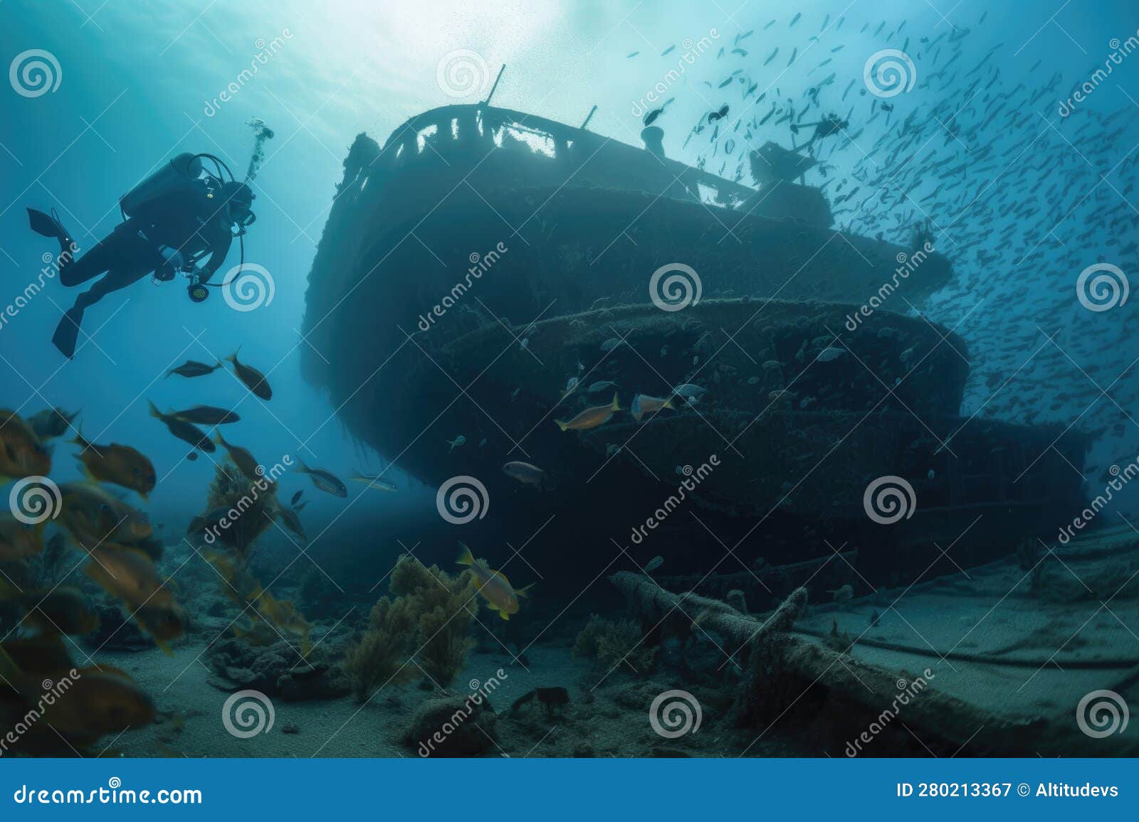 A Diver Exploring the Wreck of a Historic Battleship, Surrounded by ...