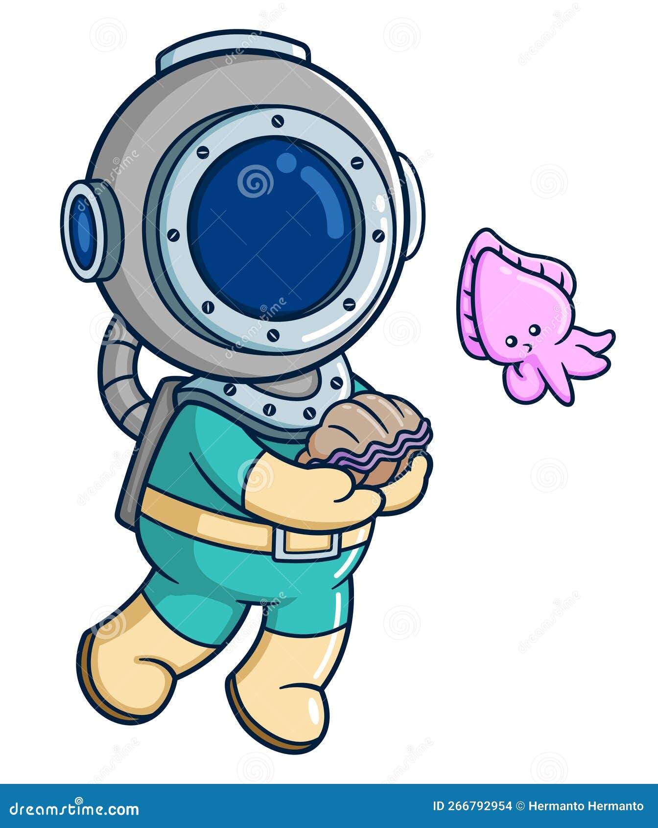 The Diver Playing With Cute Cuttlefish Vector Illustration ...