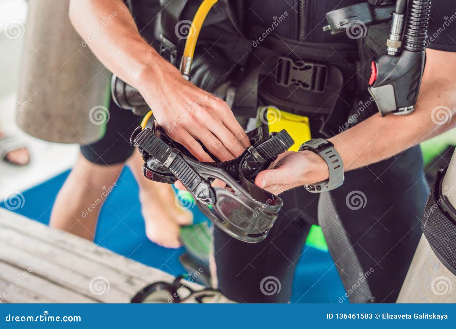 Diver Prepares His Equipment for Diving in the Sea Stock Image - Image ...